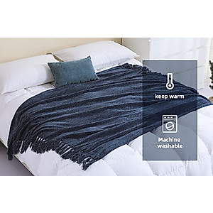 Bangya Navy Chenille Throw Blanket Soft Cozy Woven Fringe Tassel Throw for Sofa Couch Bed Living Room (Navy,50" X 60")