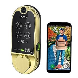 Lockly Vision Smart Lock, Camera Video Two-Way Audio 6-in-1 Keyless Entry Door Lock with Doorbell Fingerprint Door Lock with APP Control Digital Keypad Wi-Fi Deadbolt Door Locks- Brushed Gold