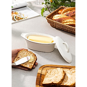Large Butter Dish with Lid - Airtight Butter Keeper Container Holds Up to 2 Sticks of Butter - Porcelain Container with Beech Wooden Lid, White, Better Butter & Beyond