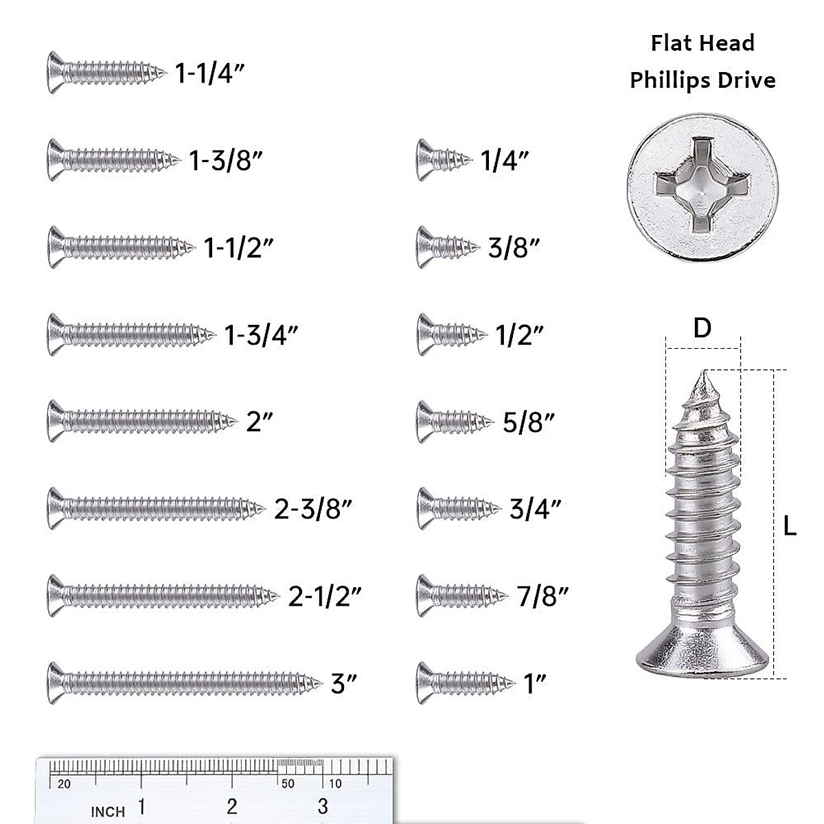 RoyceMart #10 x 3/4" (100 pcs) Stainless Flat Head Phillips Drive Sheet Metal Tek Screws, 304 (18-8) Stainless Steel Screw for Wood, Countersunk Head Wood Screw, Self Tapping Screws