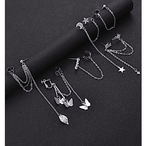 Ofeiyaa 6Pcs Tassel Ear Cuff Butterfly Snowflake Flower Star Moon Leaf CZ Cuff Earring Chain Set Crawler Climber Dangling Chain Wrap Clip on Earrings Jewelry for Women Men
