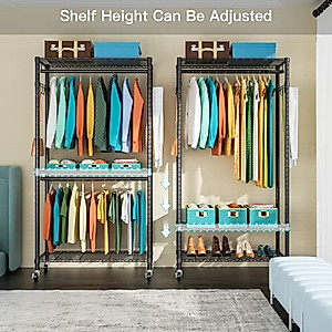 FUTASSI Portable Closets, 3 Tiers Heavy-Duty Rolling Garment Rack, Free-Standing Adjustable Clothes Storage and Organizer System with 2 Hanger Rods, 35.4" L x 15.7" D x 78.7" H, Black