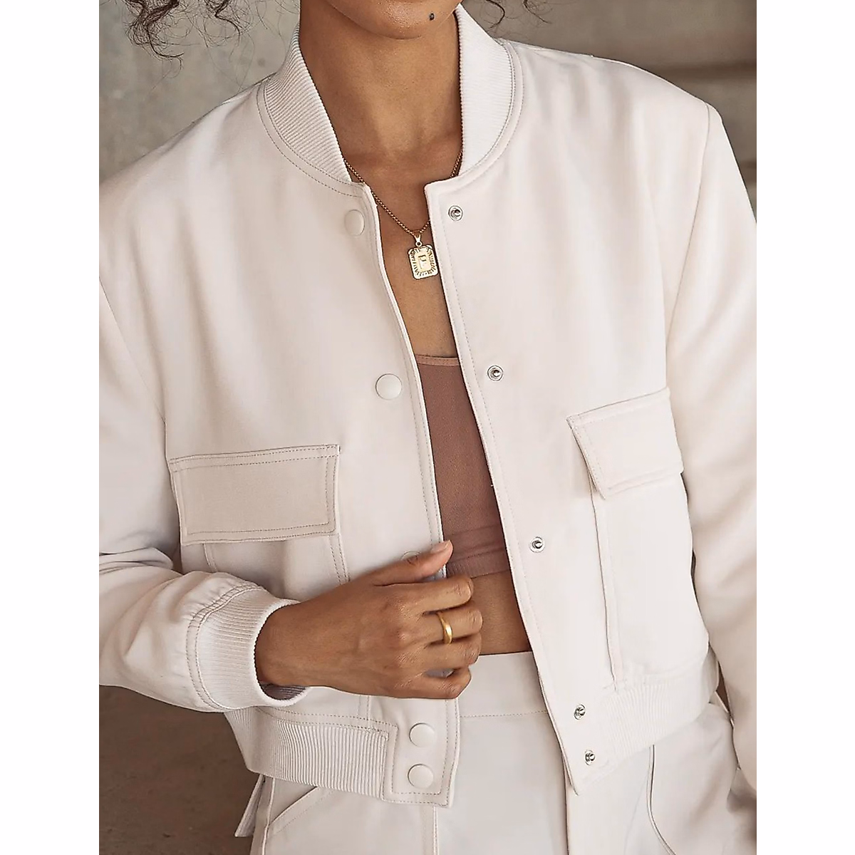 Springrain Womens Cropped Bomber Jacket Casual Varsity Jacket with Pockets Long Sleeve Outwear(Beige-S)