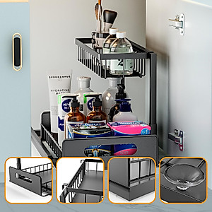 2-Tier Under Sink Organizer and Storage, Pull Out Cabinet Kitchen and Bathroom Organization, Multi Use Slide Out Sliding Shelf Under Cramped Space Shelf Storage (Black)