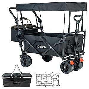 SKYMANOR Collapsible Wagon Folding Garden Cart with Removable Canopy Utility Wagon Cart with All-Terrain Wheels Brake Beach Cart for Sand Heavy Duty Beach Wagon for Camping Shopping (Black)