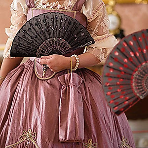 2 Pieces of Sequin Fabric Folding Fans Embroidered Flower Lace Trim Peacock Fan Fabric Plastic Folding Handheld Fan for Women Hand Craft (Red, Black)