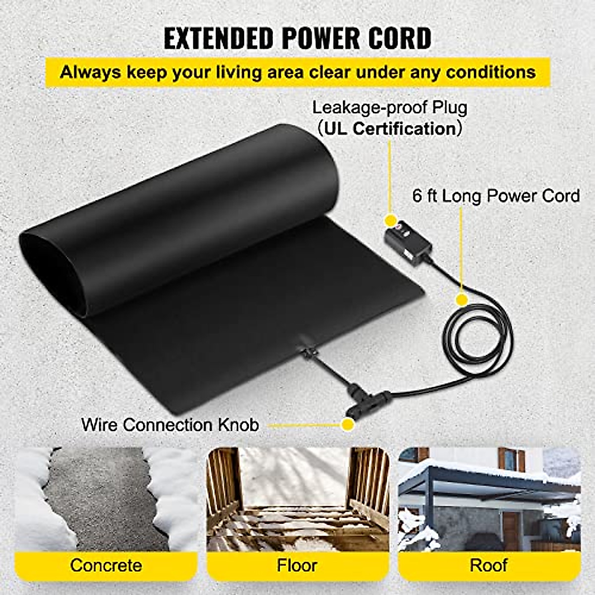VEVOR, 20in x 30in Walkway, 120V Ice, PVC Heated 6ft Power Cord, Slip-Proof, Ideal Winter Outdoor Snow Mat, 2'' per Hour Melting Speed, Black