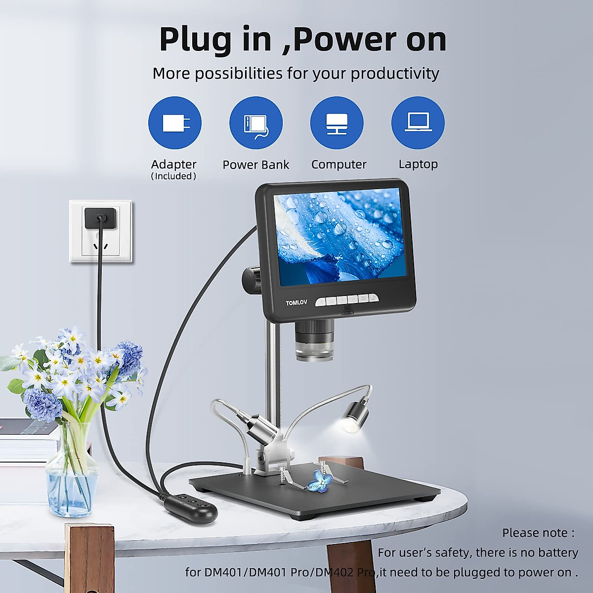TOMLOV DM401 2K Digital Microscope 1200x, HDMI LCD Microscope with Screen, Extension Tube Included for Entire Coin View,24MP Soldering Microscope with Lights,Windows/iOS Compatible