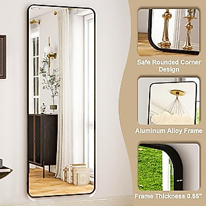 HARRITPURE Full Length Mirror 64"x21" Rounded Corner Aluminum Frame Black Full Body Floor Mirror Rectangle Standing Mirrors for Living Room Bedroom Cloakroom