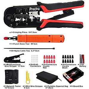 RJ45 Crimper Tool Kit, Preciva Cat5 Cat5e Ethernet Crimping Tool Set with One Network Cable Tester, 20PCS RJ45 Connectors, One Wire Stripper, 50PCS Cable Ties and Wire Punch Down Impact Tool