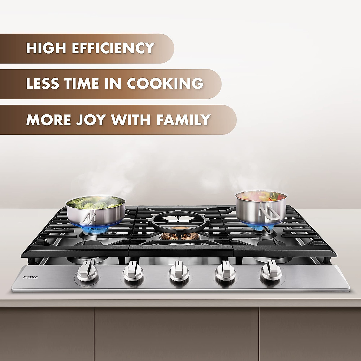 FOTILE GLS36502 36” Stainless Steel 5-Burner Gas Cooktop, Tri-Ring 22,000 BTUs Center Burner with Flame Failure Protection Removable Grates and Installation/LP Kit