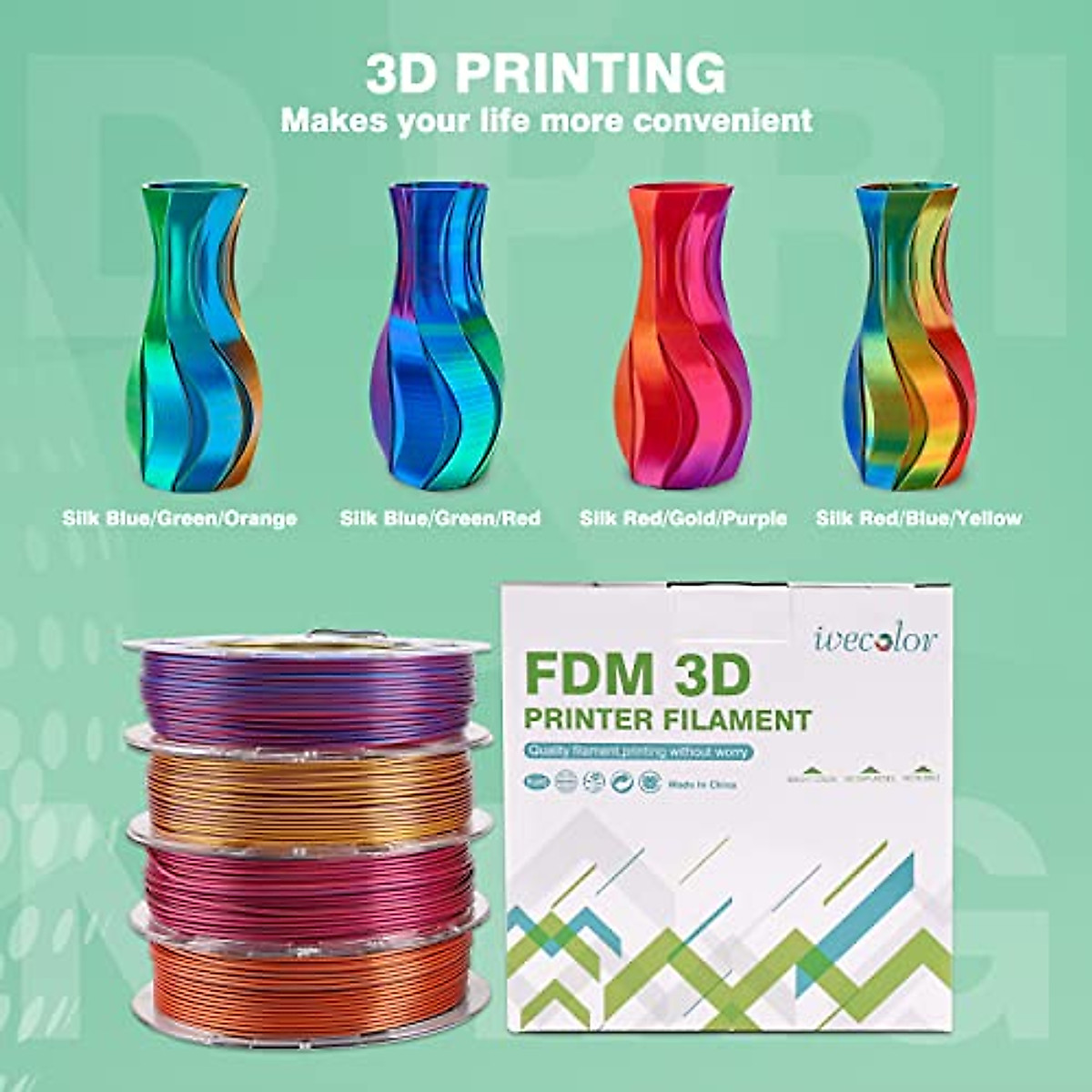 IWECOLOR 3D Printer Filament Triple Colors 4 * 0.44lbs/Spool Red/Blue/Green, Red/Gold/Purple, Red/Yellow/Blue, Orange/Blue/Green Tricolor 3D Printing Filament Sets