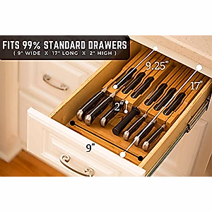 In-Drawer Bamboo Knife Block Holds 12 Knives (Not Included) Without Pointing Up PLUS a Slot for your Knife Sharpener! Noble home & chef Knife Organizer Made from Quality Moso Bamboo