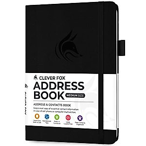 Clever Fox Address Book with alphabetic tabs - PU Leather Telephone and Address Book for Keeping Contacts Safe, Contact Organizer Journal, Medium Size (5.3″ x 7.7″) Hardcover, Black
