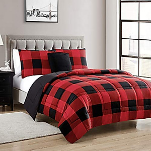 Sweet Home Collection Comforter Set 4 Piece Buffalo Check Plaid Design Soft and Luxurious All Season Warmth Down Alternative Reversible to Solid Color with 2 Shams & Throw Pillow, King, Burgundy