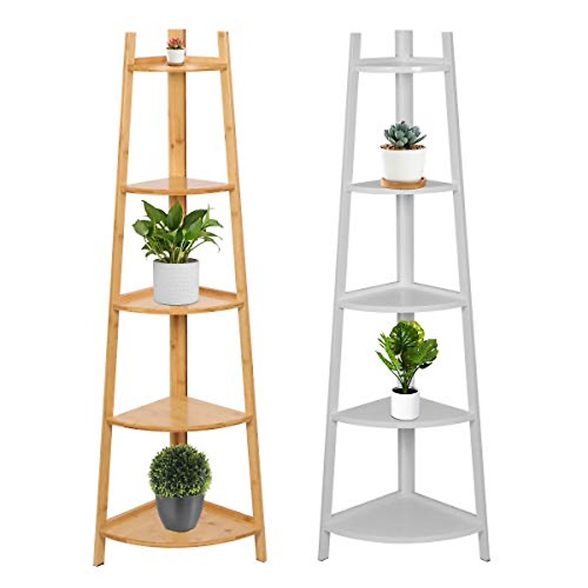 Magshion 5 Tier Bamboo Corner Storage Display Rack Shelves Kitchen Bath Plant Stand (White)