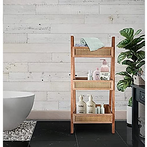 ZYBT Ladder Bookshelf, 3-Tier Rattan Bookshelf, Free Standing Bookcase, Blanket Ladder, Wood Organizer Storage Shelves for Living Room Bedroom Kitchen Bathroom Balcony and Home Office