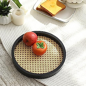 SwallowLiving Decorative Round Serving Tray with Imitated Rattan Handmade Ottoman Tray Boho Basket Wooden Black Frame Storage Tray 11.8” x 1.3“