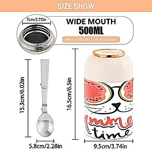 CUPADA Cat Watermelon Food Jar, Funny Summer Time Insulated Hot Food Jars Vacuum 17OZ with Folding Spoon for Work Trip Picnic Camping