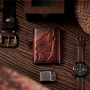 skneephate Men's Trifold Wallet,Wolf Wallets For Men Leather,Rfid Blocking,Gifts For Him Husband (brown)