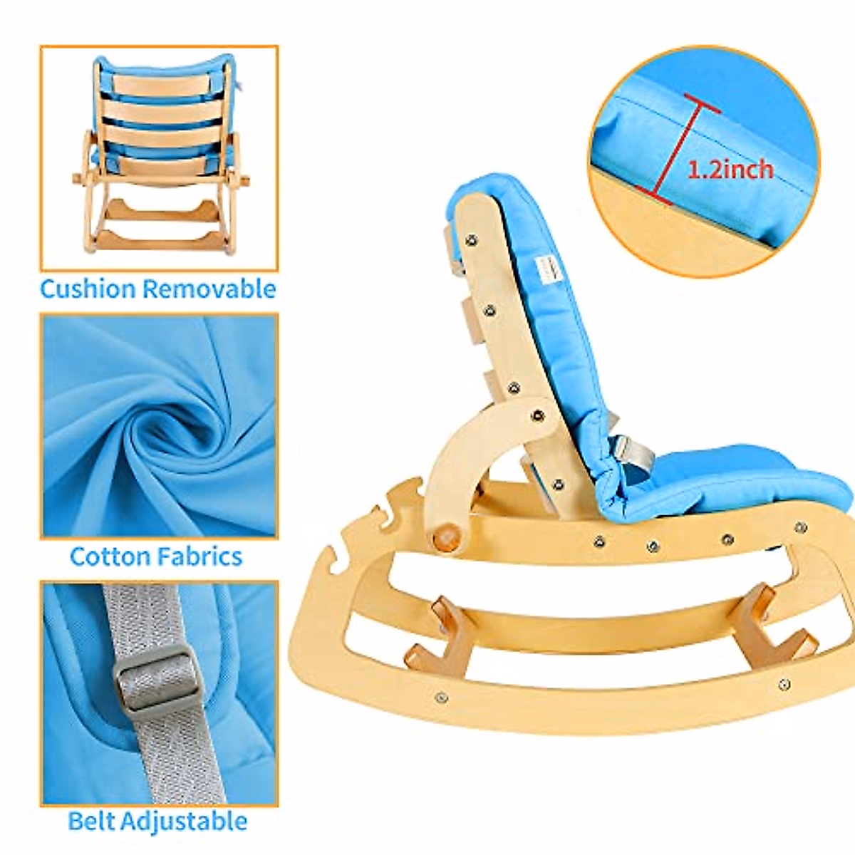 MallBest 3-in-1 Baby Bouncer Adjustable Wooden Rocker Chair Recliner with Removable Cushion and Seat Belt for Infant to Toddler (Blue)