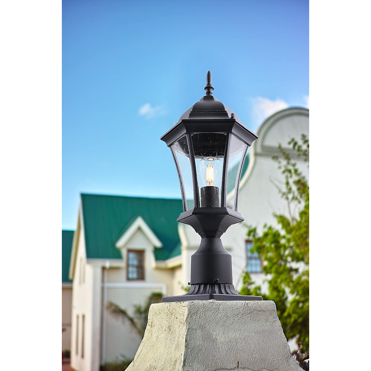 GOALPLUS 24" Aluminum Outdoor Post Light with 3" Fitter Base for Post Pole Mount, 2 Pack Black Exterior Pole Lantern Lights with Seeded Glass, Large Outside Post Lamp for Yard Garden