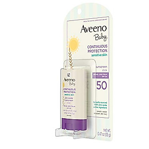 Aveeno Baby Continuous Protection Sensitive Skin Mineral Sunscreen Stick with Broad Spectrum SPF 50 for Face & Body, Naturally Sourced 100% Zinc Oxide, Travel Size, 0.47 Oz