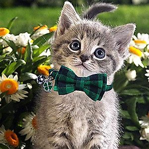 STMK 2 Pack St. Patrick's Day Plaid Cat Collars with Bow Tie Bell Shamrock, Breakaway Adjustable Plaid Cat Collars with Bowtie Bell Shamrock for Cats Kittens