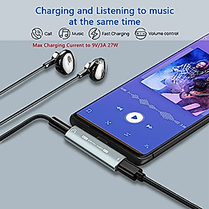USB C to 3.5mm Audio Headphone Adapter and Charger, 2 in 1 USB C Headphone Jack HiFi DAC with 27W Fast Charging Dongle Adapter Compatible with Galaxy S23 Ultra/S22+/A53/Note 20, Pixel 7/7Pro/6/6Pro/5