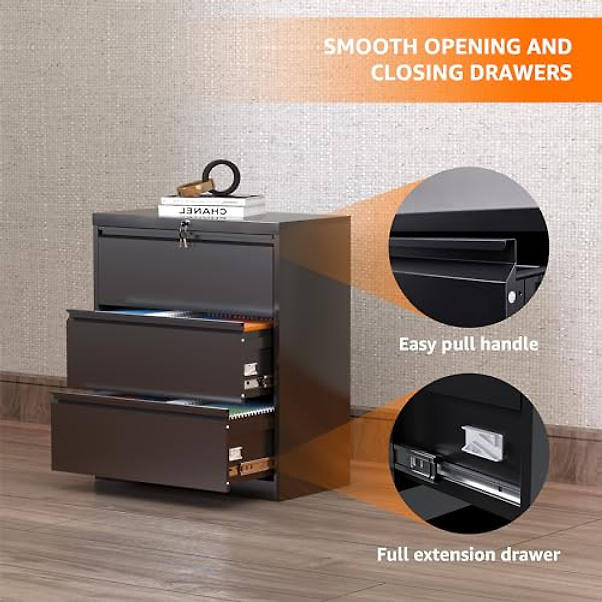 METAN 3 Drawer Metal Lateral File Cabinet for Home Office, Large Deep Metal File Cabinet with Lock, 35.43 Inches Wide for Letter/Legal A4 Size, Assembly Required, Black