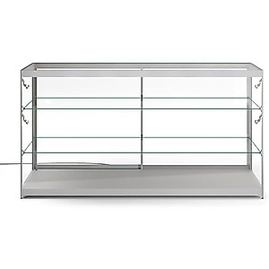 Displays2go 6’ Counter Glass Showcases with Side Lighting, Lockable, Tempered Glass Shelves, Aluminum Frame – Silver (JBQCT72LED)