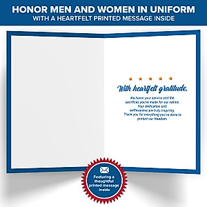 Decorably Gold-Foiled Individual Thank You for Your Service Card with Wooden Letters on Die-Cut Badge, 5x7in Veteran Thank You Cards Set with Envelope & Stickers, Veteran Card with Printed Message