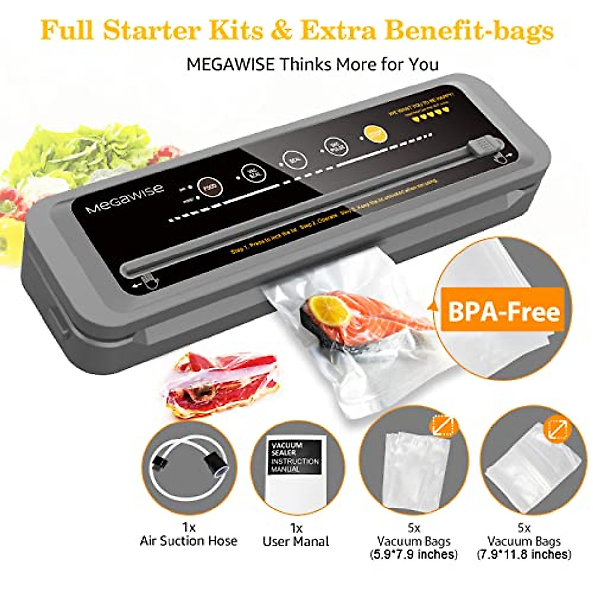MegaWise 80kpa Powerful but Compact Vacuum Sealer Machine, Bags and Cutter Included, One-Touch Automatic Food Sealer with External Vacuum System for All Saving needs, Dry Moist Fresh Modes
