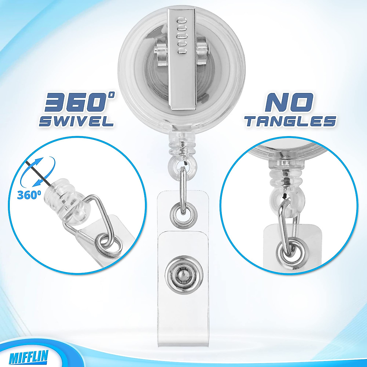 Retractable Badge Reels (Transparent, 10 Pack) w/Bulldog Clip & Snap Strap to Secure ID Name Card Holders by Mifflin