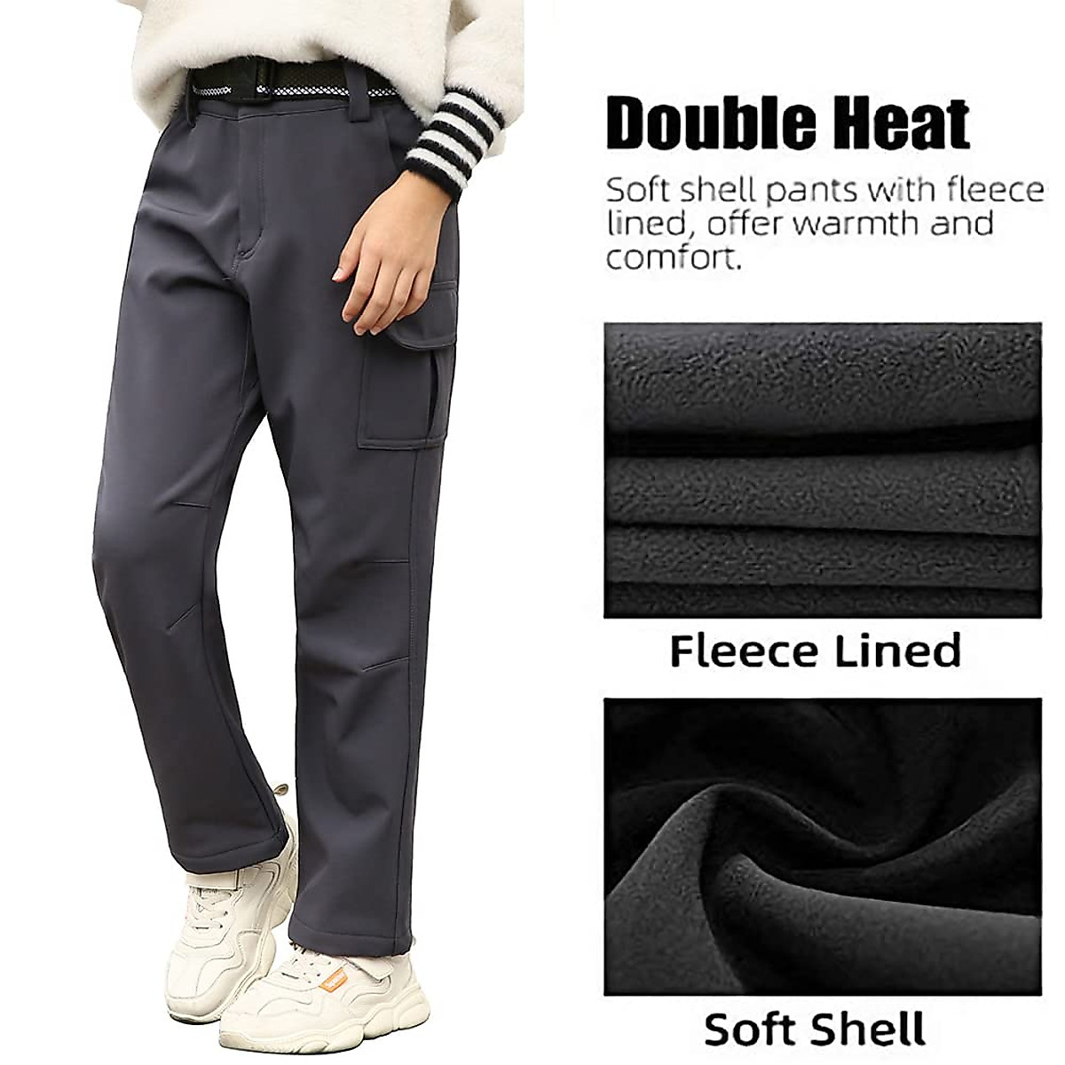 JOMLUN Kids Boy's Youth Fleece Lined Hiking Pants Outdoor Soft shell Snow Ski Waterproof Windproof Warm Cargo Insulated Pants Winter