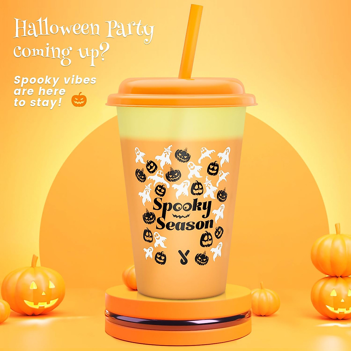 Meoky Halloween Decorations, Color Changing Cups with Lids and Straws - 6 Pack 12 oz Plastic Tumblers Bulk, Kids Cups for Halloween Party Favors
