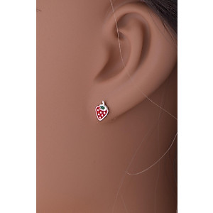 Sterling Silver Small Womens Fruit Red Strawberry Push Back Stud Earrings - Fruit Gifrts For Ladies Mom Wife 0.31in