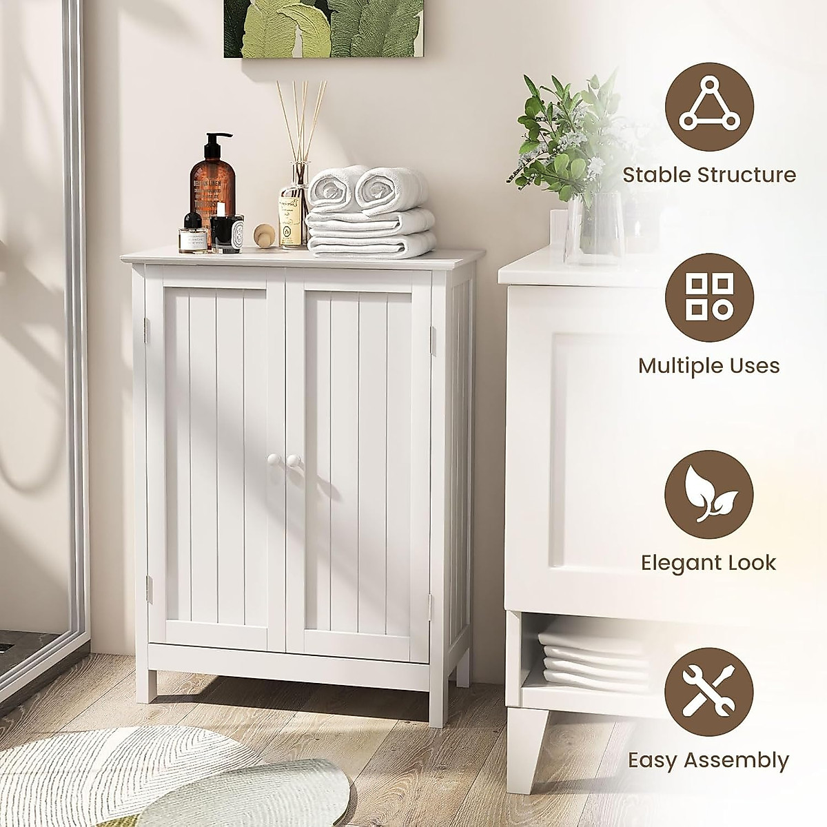 BECOMFORT Bathroom Storage Cabinet, Freestanding Floor Cabinet with Double Doors & Adjustable Shelf, Modern Home Furniture, Bathroom Organizers and Storage for Living Room, Entryway, Kitchen (White)