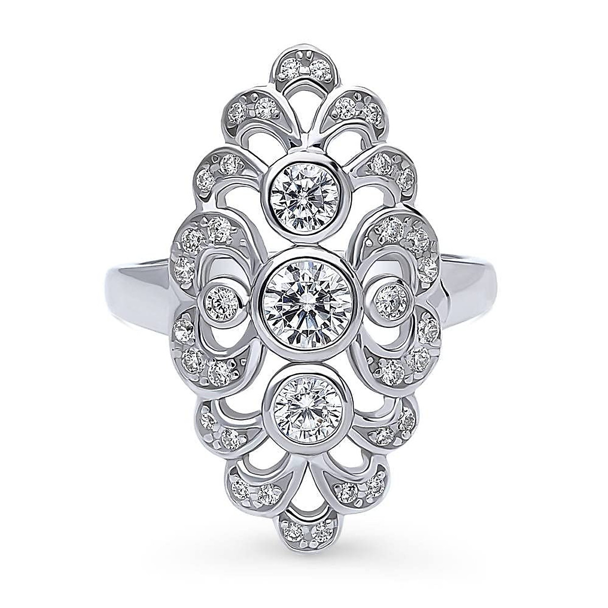 BERRICLE Sterling Silver Navette Cubic Zirconia CZ Statement Art Deco Fashion Ring for Women, Rhodium Plated Size 6