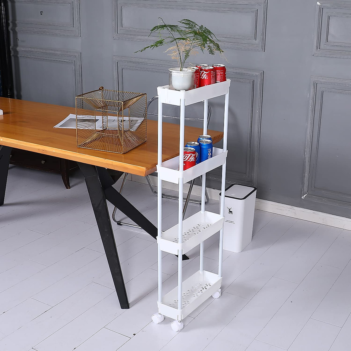 Sooyee 4 Tier Slim Storage Cart Mobile Shelving Unit Organizer Slide Out Storage Rolling Utility Cart Tower Rack for Kitchen Bathroom Laundry Narrow Places, Plastic & Stainless Steel,White