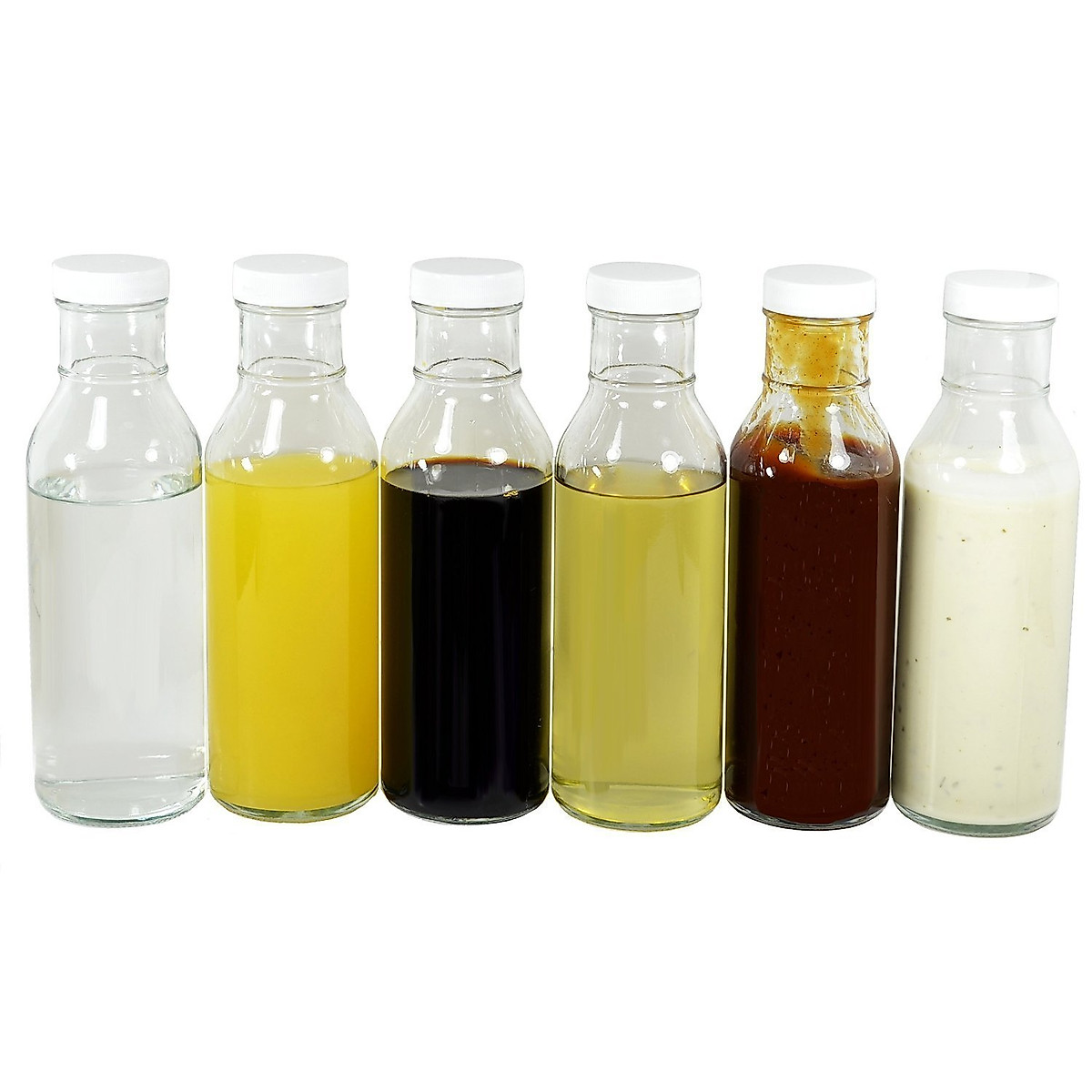 nicebottles Clear Glass Beverage/Sauce Bottles, 12 Oz, White Caps - Case of 12