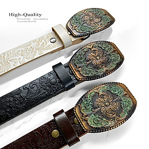 Western Fashion Style Floral Engraved Buckle Full Grain Genuine Leather Belt 1-1/2" (38mm) Wide, Multi-Style Options (Brown, 36)