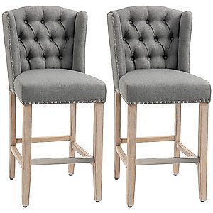 HOMCOM Counter Height Bar Stools Set of 2, 27" Seat Height Upholstered Barstools, Farmhouse Kitchen Island Stools with Nailhead-Trim, Tufted Back and Wooden Legs, Light Gray