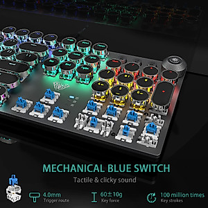 AULA F2088 Typewriter Style Mechanical Gaming Keyboard Blue Switches,Rainbow LED Backlit,Removable Wrist Rest,Media Control Knob,Retro Punk Round Keycaps,USB Wired Computer Keyboard