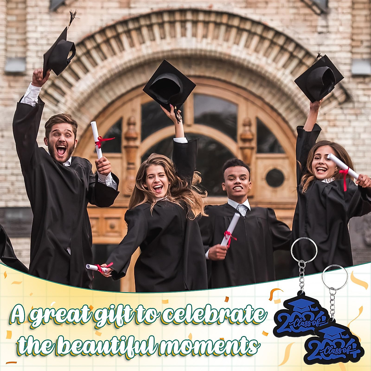 Batiyeer 60 Pieces Class of 2024 Graduation Keychains, Rubber Key Chains Grad Cap Charms Graduation Gifts (Gold, Black)