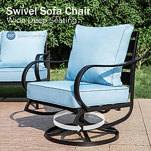 PHI VILLA 5 PCS Patio Furniture Set,Metal Deluxe Patio Set with 1 x 3 Seater Deep Seating Bench, 2 x Swivel Sofa Chairs & 2 x Metal Cushioned Ottoman, Outdoor Patio Set for Garden, Light Blue