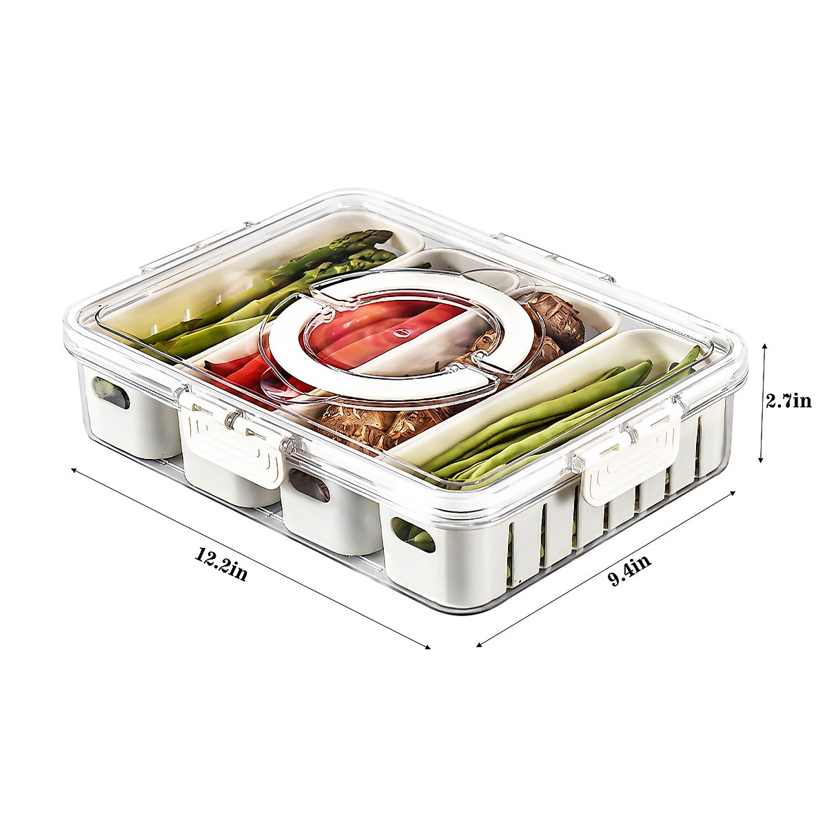 2Pack Divided Veggie Tray with Lid and Handle 4 Compartment Serving Tray with Dividers Portable Travel Snack Storage Containers Stackable Snackle Box Charcuterie Container for Fruit,Vegetable,Salad