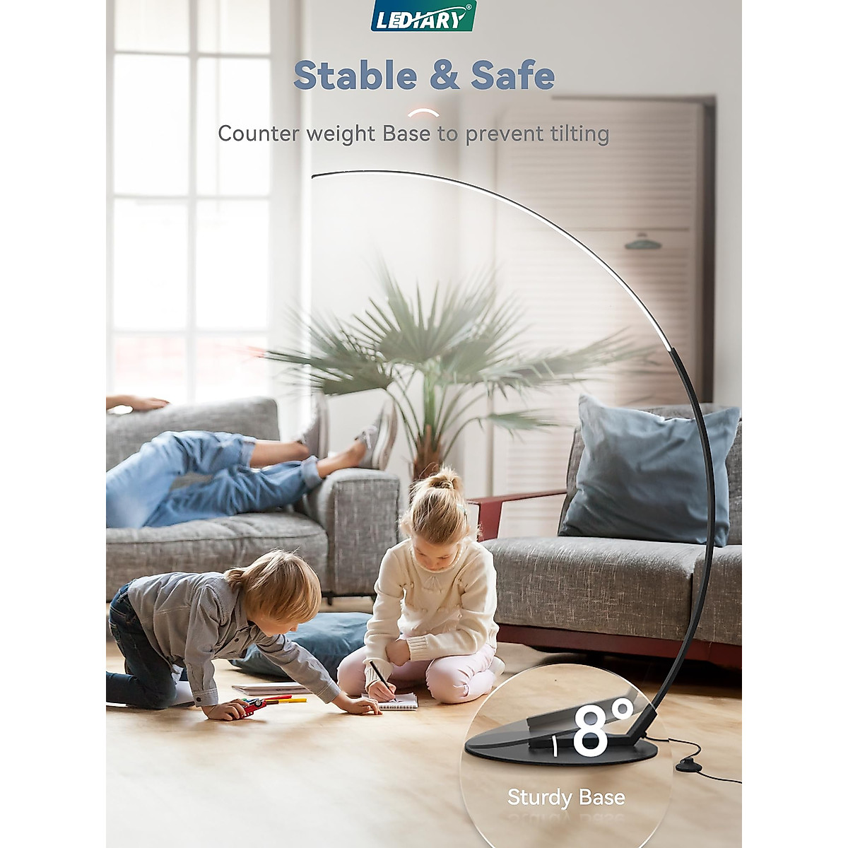 LEDIARY Arc Floor Lamp, 65" Modern Floor Lamp with Remote Control, Dimmable Standing Lamp, Black LED Reading Lamp for Living Room Bedroom Office Home, Stepless Color Temperature