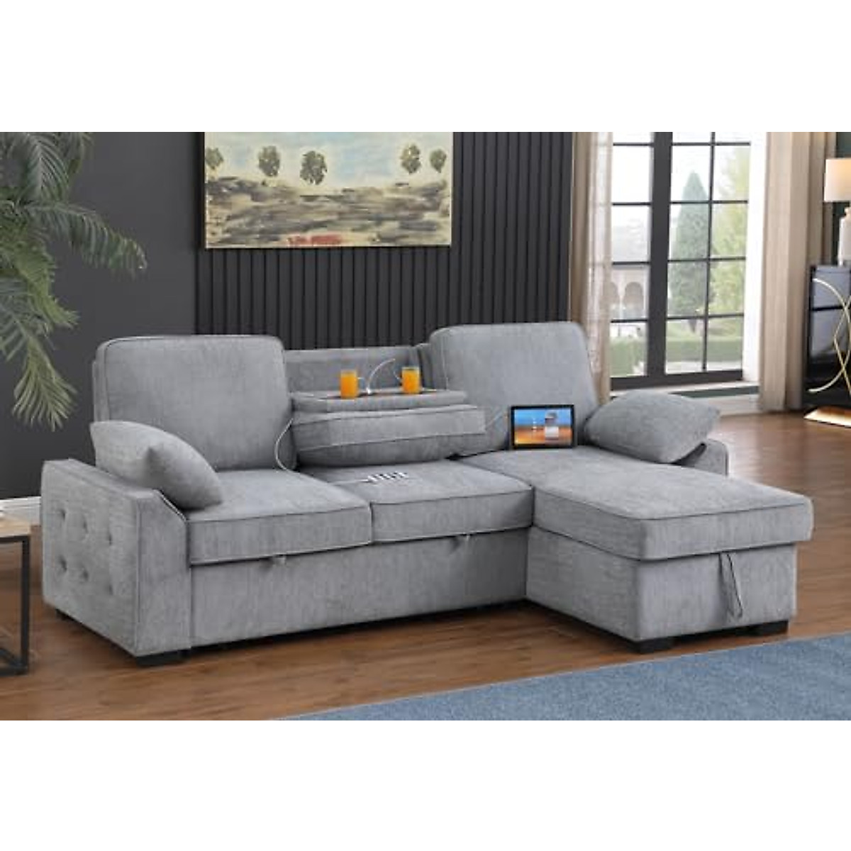 Lilola Home Mackenzie Light Gray Chenille Fabric Sleeper Sectional with Right-Facing Storage Chaise, Drop-Down Table, Cup Holders and Charging Ports