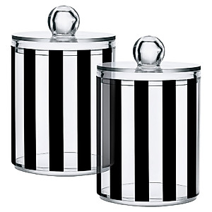 2 Pack Qtip Dispenser Apothecary Jars Bathroom Organizer, White and Black Striped Qtip Holder Storage Canister Plastic Acrylic Jar for Cotton Ball/Swab/Rounds